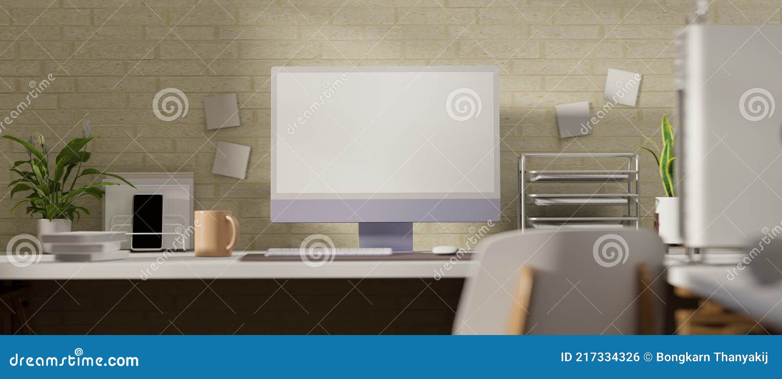 3D Rendering, Office Desk with Computer Monitor, Office Supplies and ... 3D Rendering, Office Desk with Computer Monitor, Office Supplies and ...