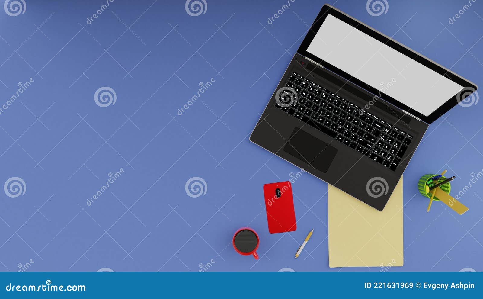 3D Rendering the Laptop is on the Table Top View Stock Illustration ...