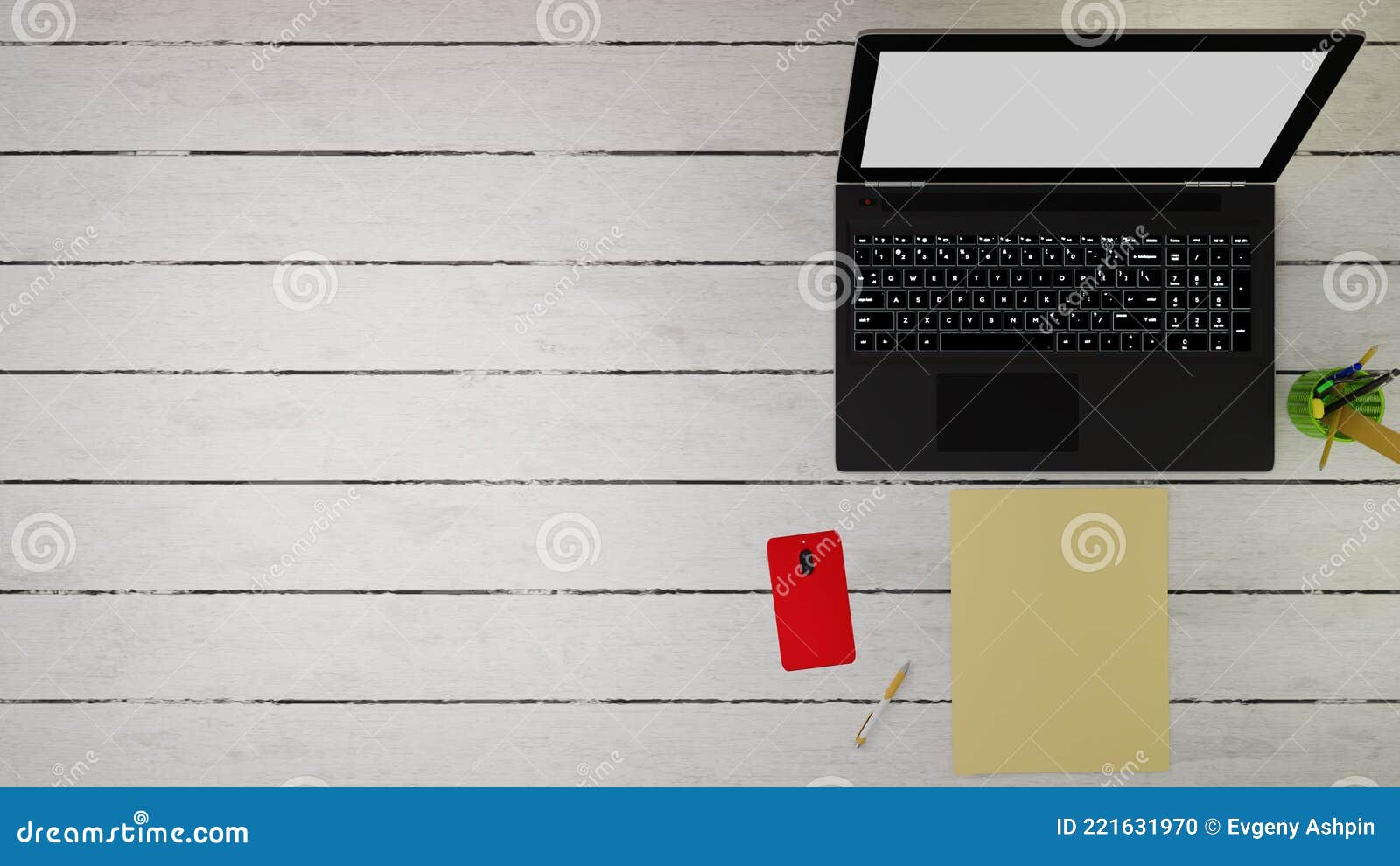 3D Rendering the Laptop is on the Table Top View Stock Illustration ...