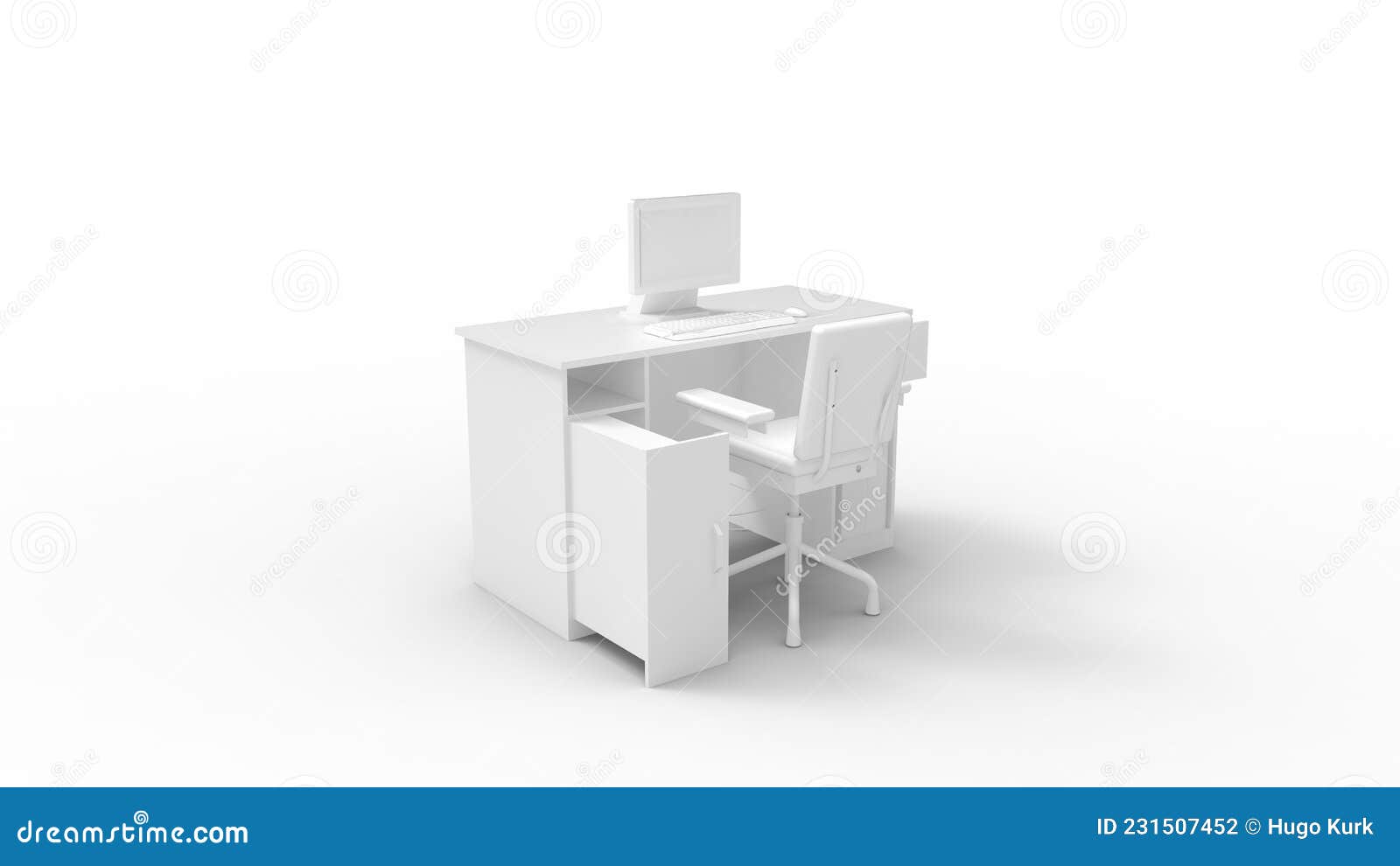 3D Rendering of an Office Desk Working Place Isolated on White Empty ...