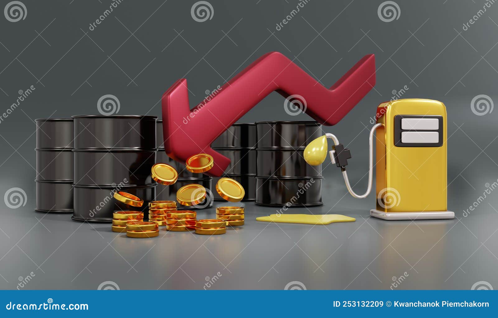 3D Rendering of Oil Barrel and Fuel Pump Nozzle with Cash and Red Graph ...