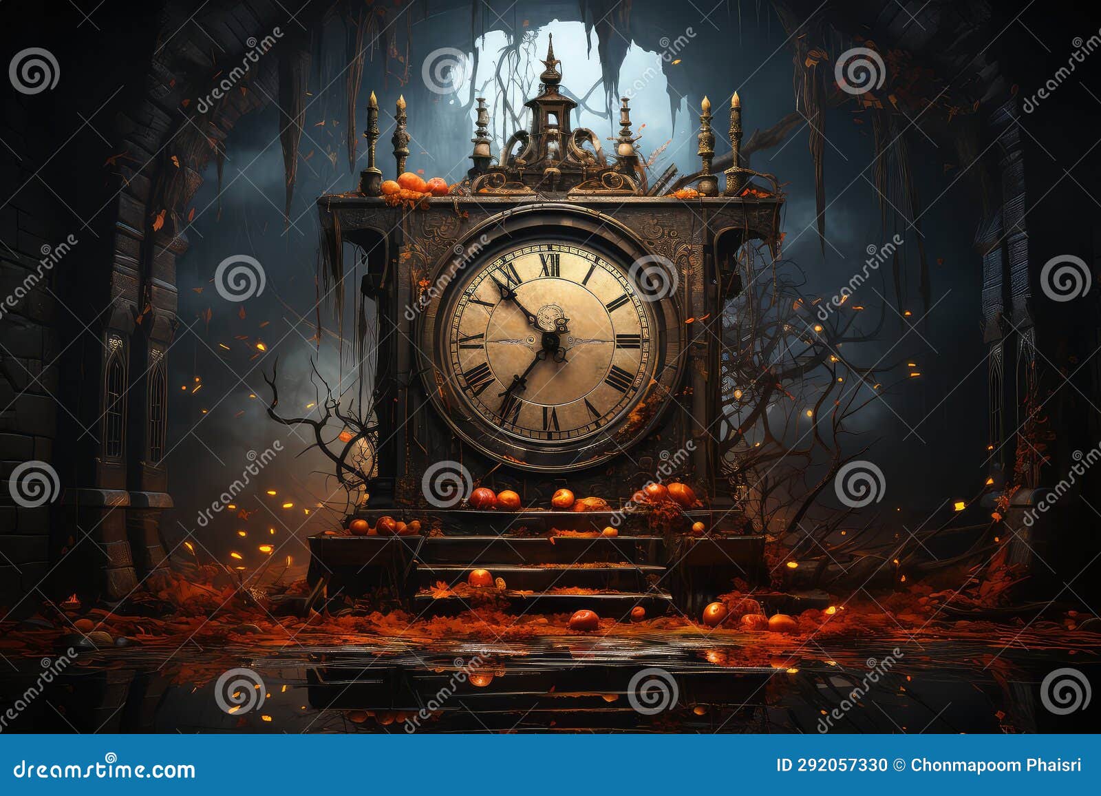 3D Rendering of an Old Clock in a Dark Halloween Graveyard Generative ...