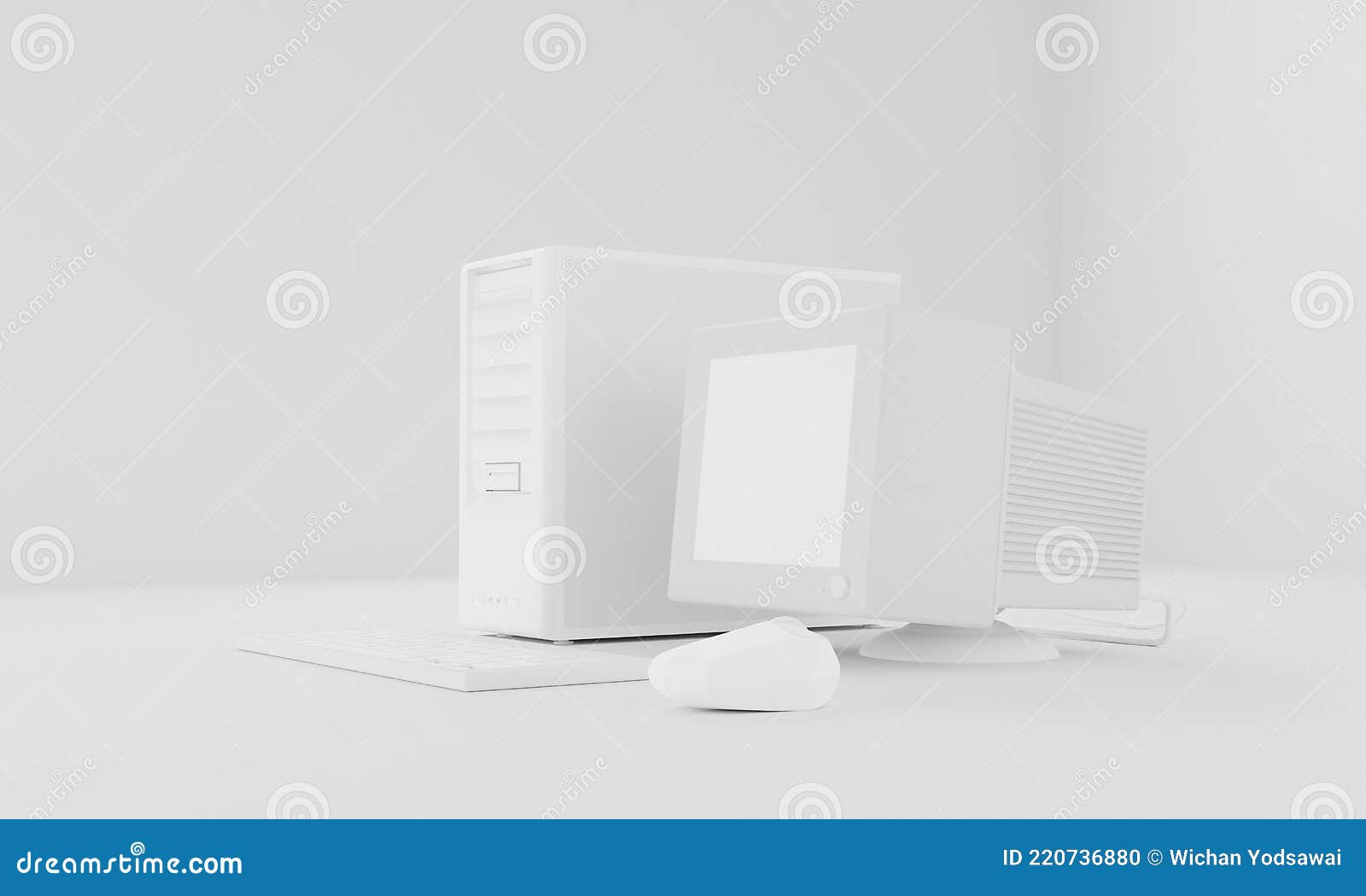 3D Rendering Old Computer Standard Workstation, Crt White Screen, Atx ...