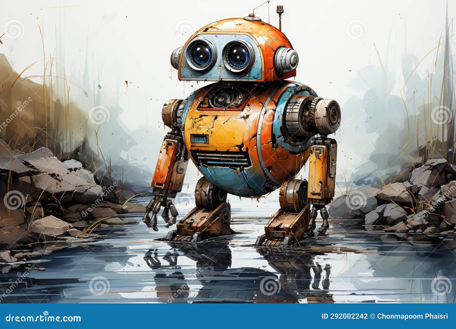 3d Rendering of an Old Rusty Robot Standing in the Water. Generative AI ...