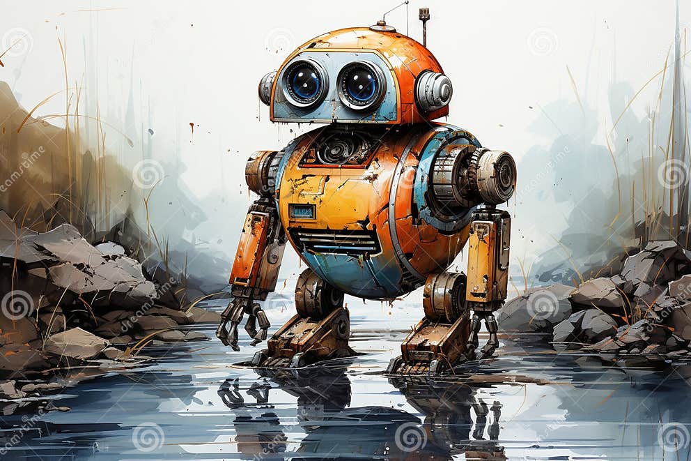 3d Rendering of an Old Rusty Robot Standing in the Water. Generative AI ...