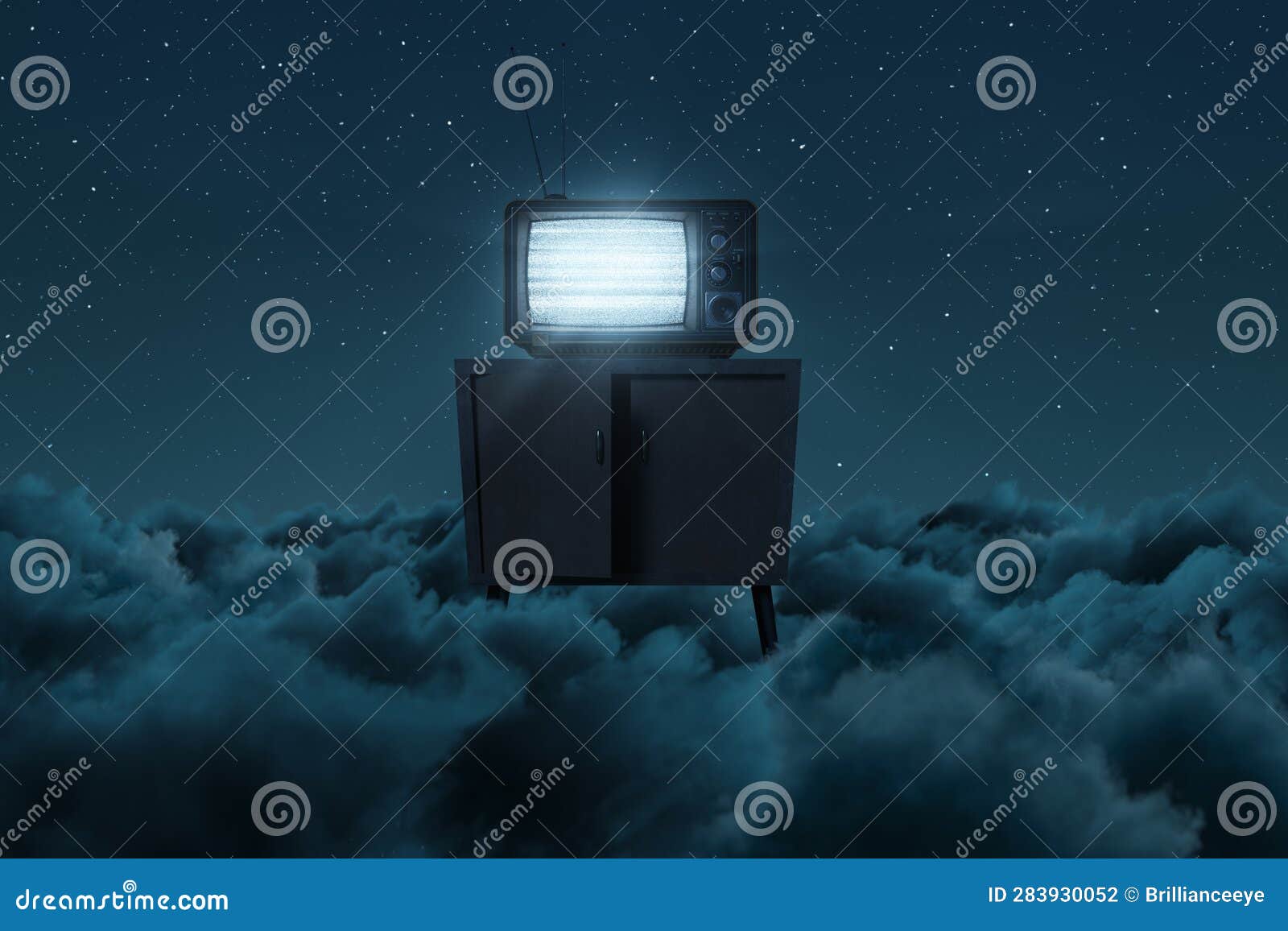 Old Television with Bright Static Screen Above Night Clouds Stock ...