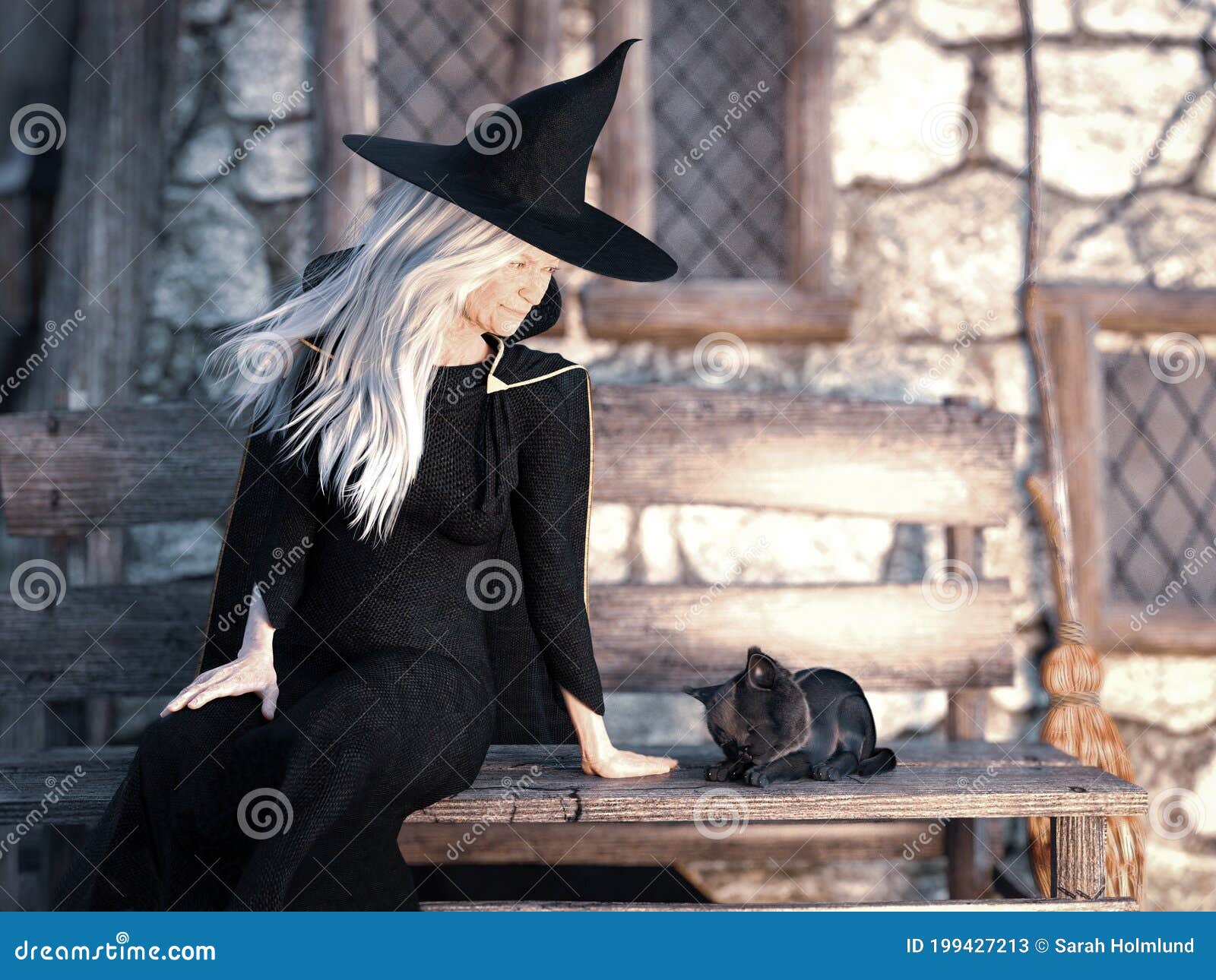 3D Rendering of Old Witch with Black Cat on a Bench Stock Illustration ...