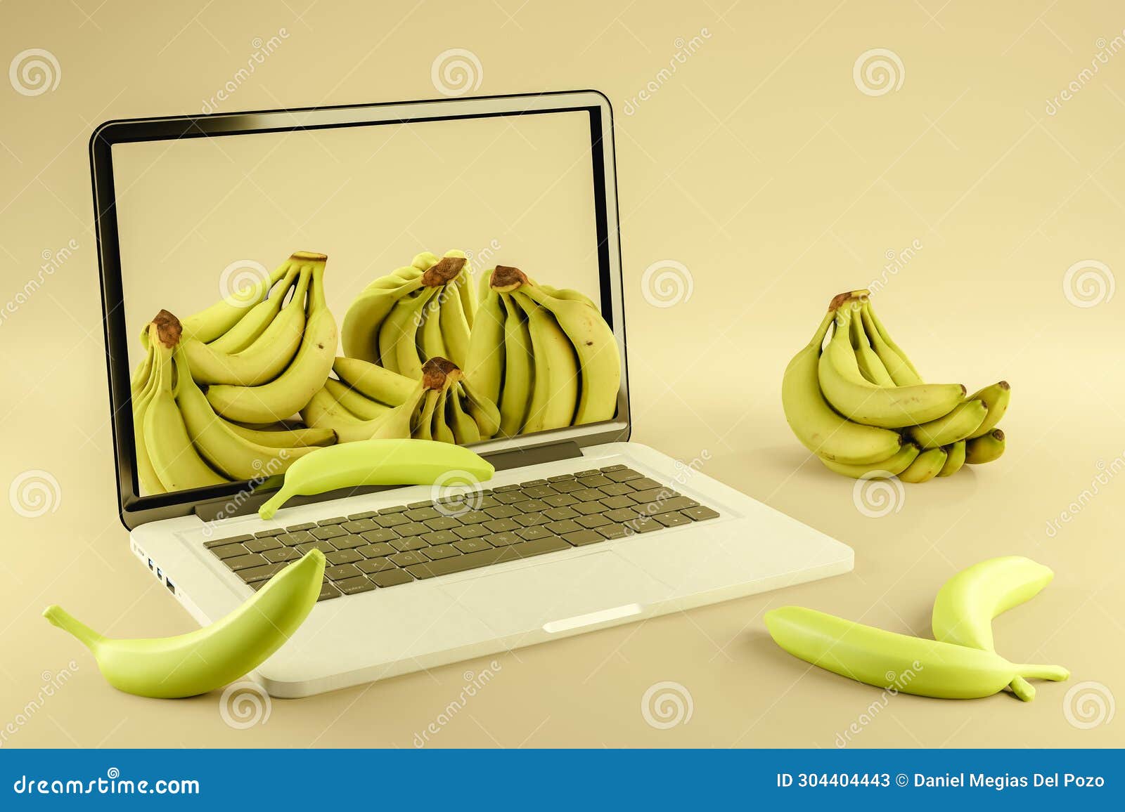 3d Rendering of Open Laptop with Bananas Placed on Screen and Surface Stock Illustration ...