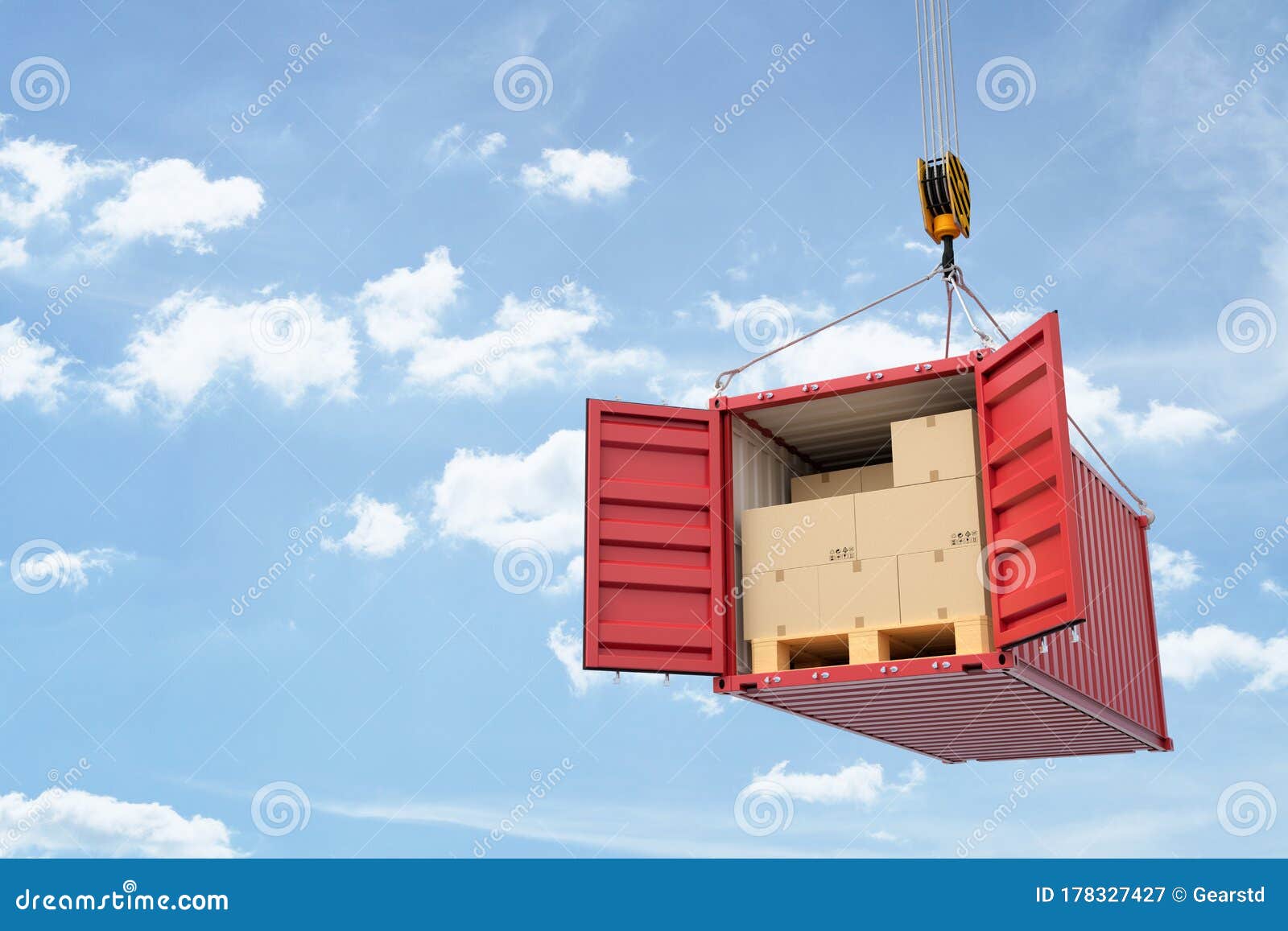 3d Rendering of Open Red Cargo Container Full of Cardboard Packages ...