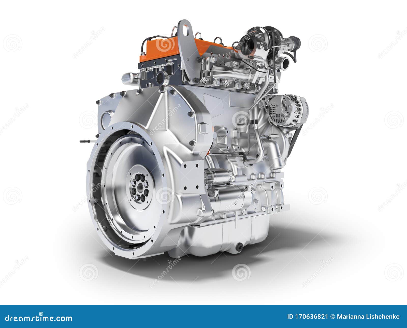 3D Rendering Orange Engine for Car Assembly on White Background with ...