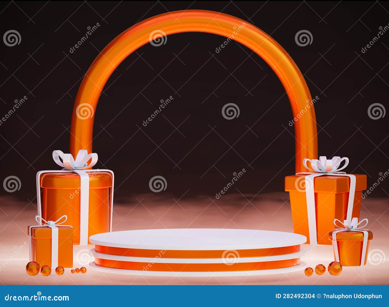 3d Rendering Orange Podium with Gift Box Stock Illustration ...