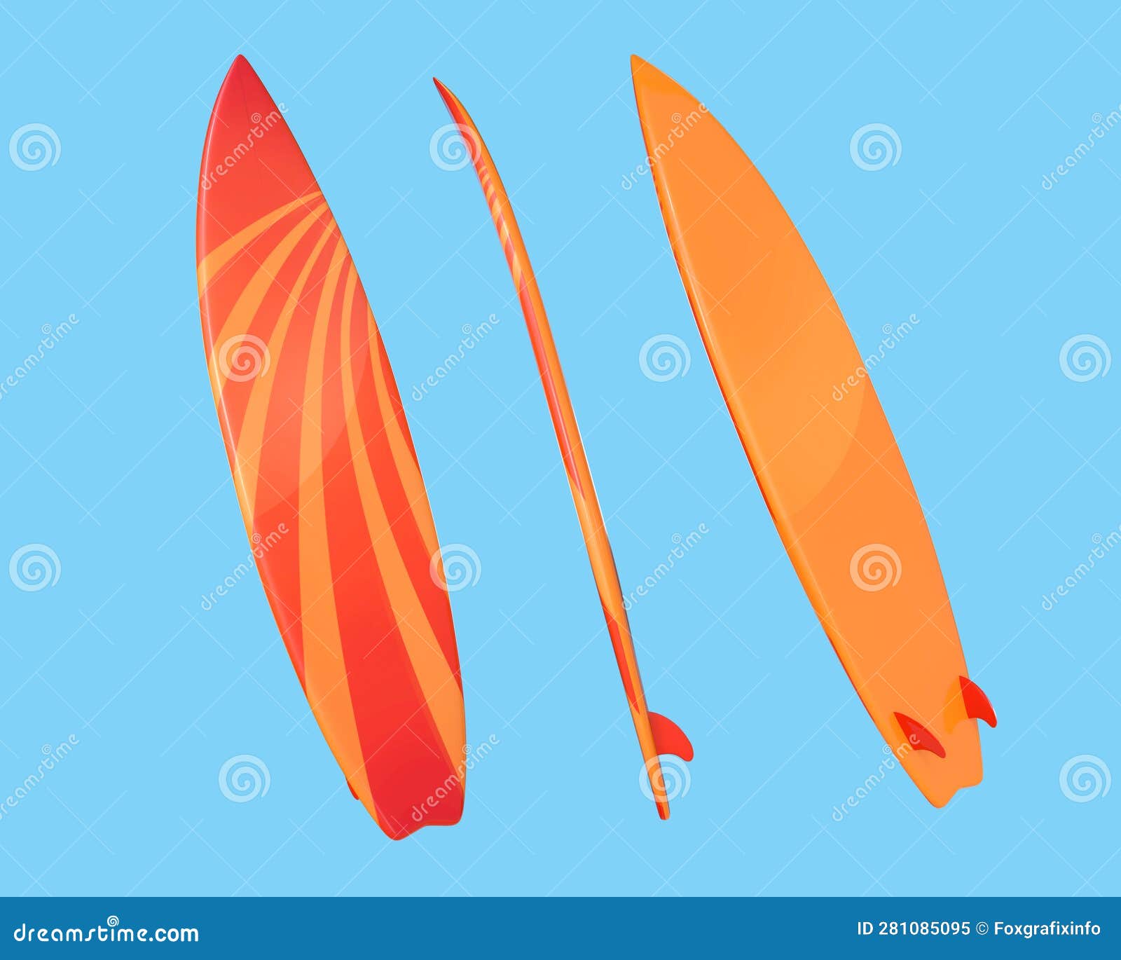 3D Rendering Orange Surfboard Front, Side and Back View Isolated on ...