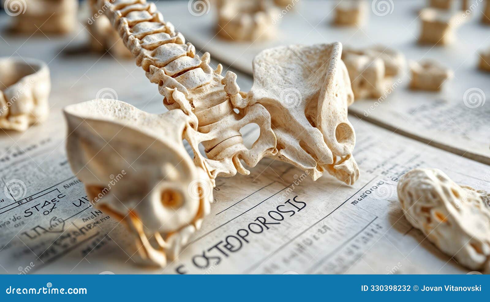 3D Rendering of Osteoporosis Stages with Bone Model on Old Paper Stock ...