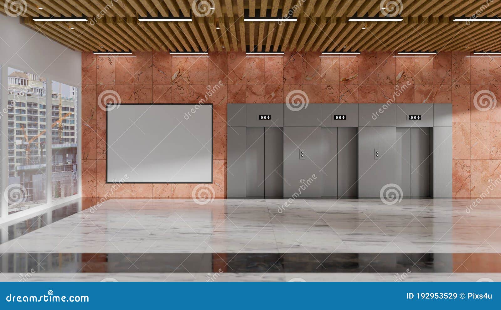 3D Rendering Panoramic View Front Elevator Doors with Large Board Stock ...