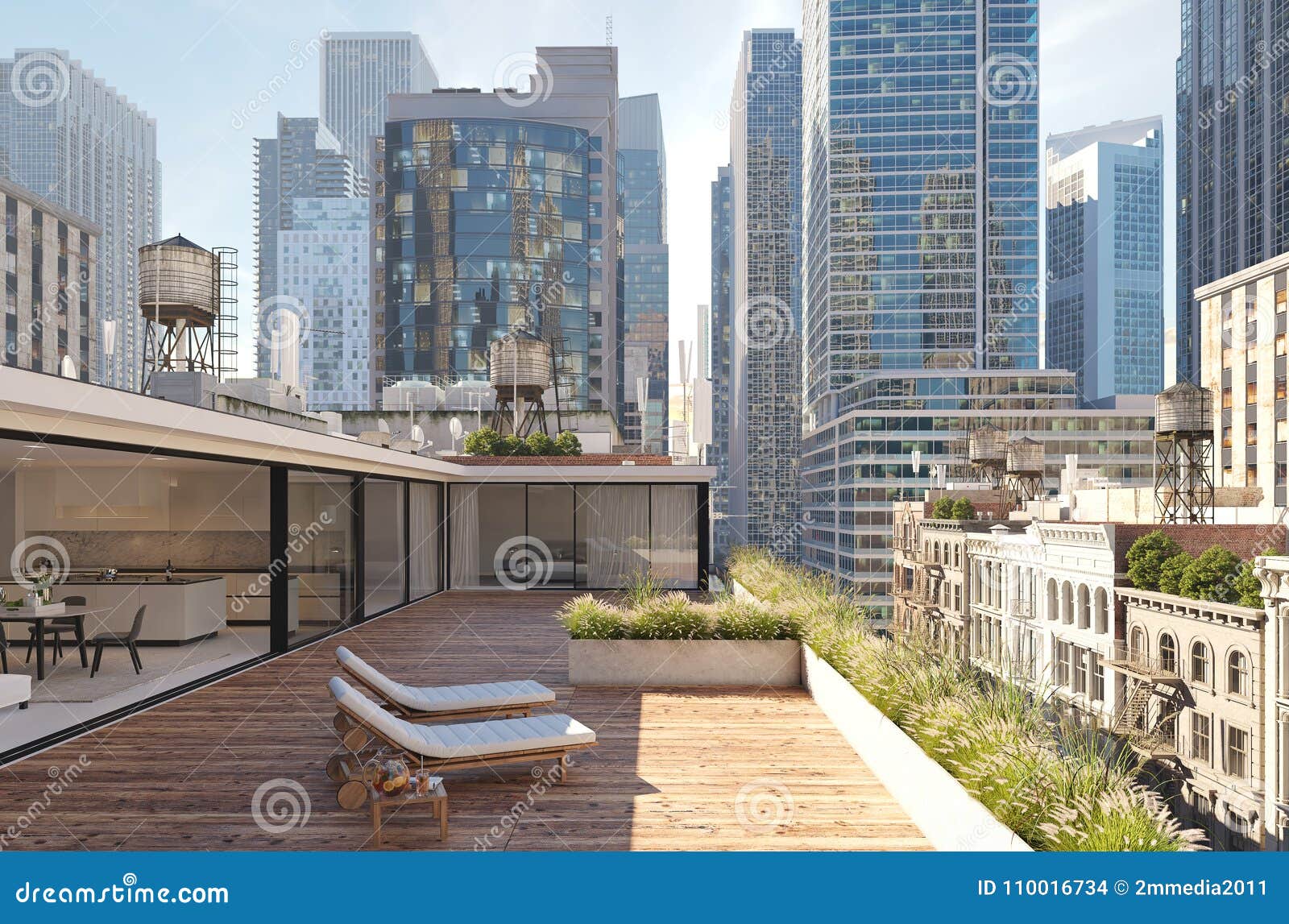 Penthouse Terrace in a Big City. 3d Rendering Stock Illustration ...