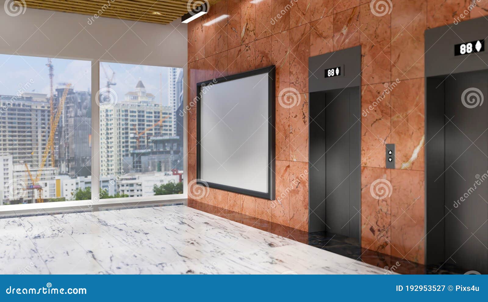 3D Rendering Perspective Close Up Elevator Doors with Large Board Stock ...