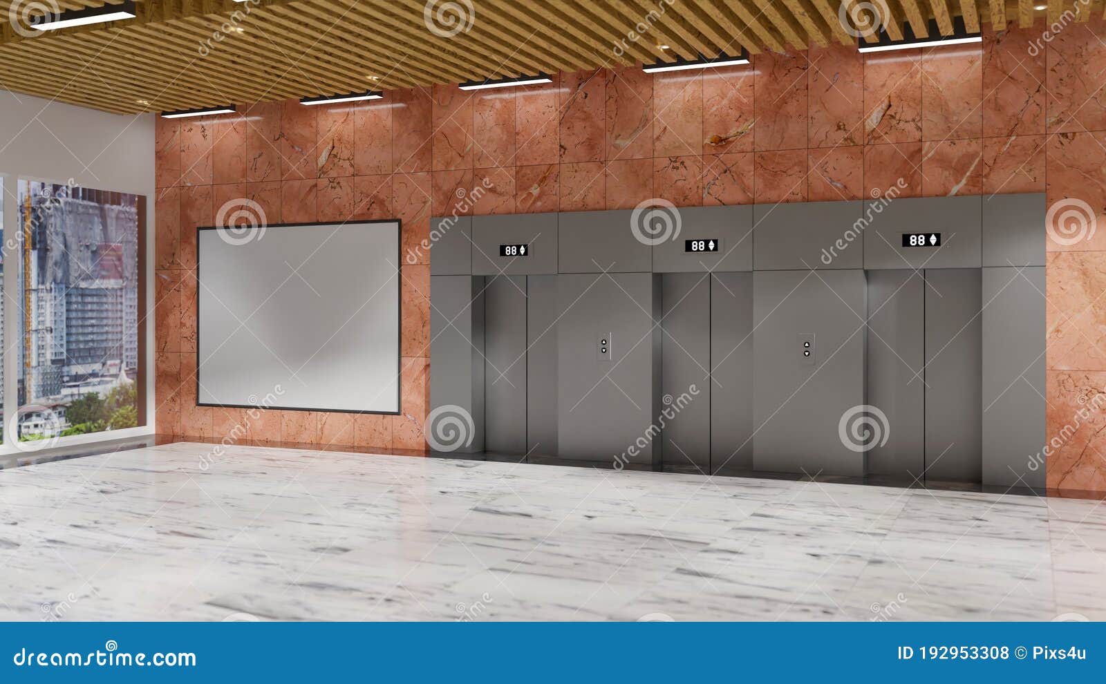 3D Rendering Perspective Front of Elevator Doors with Large Board Stock ...