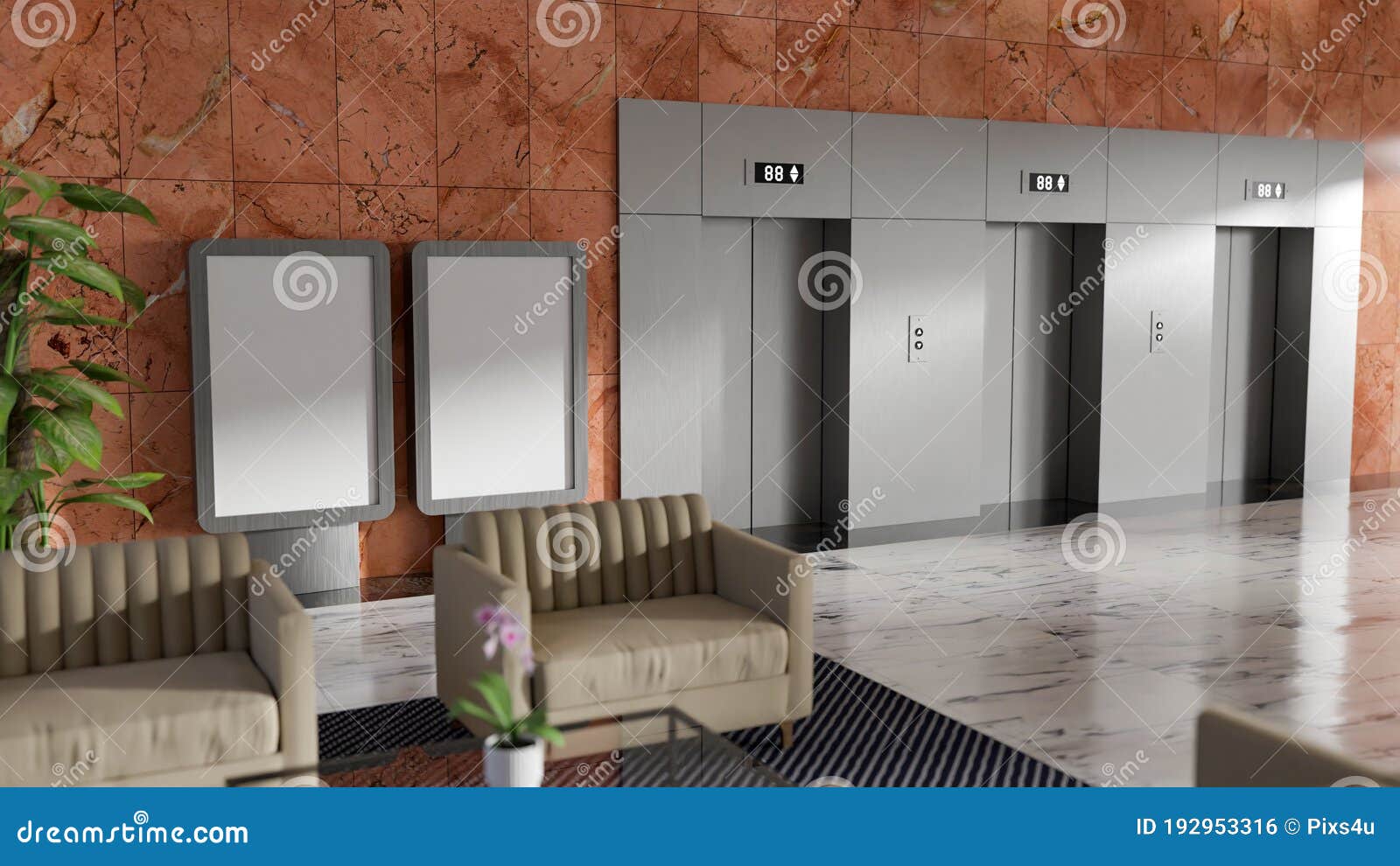 3D Rendering Perspective Front Elevator Doors with Two Signboard Stock ...