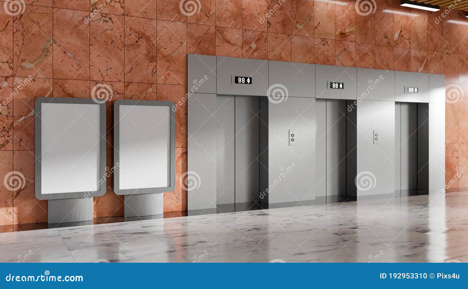 3D Rendering Perspective Front Elevator Doors with Two Signboard Stock ...