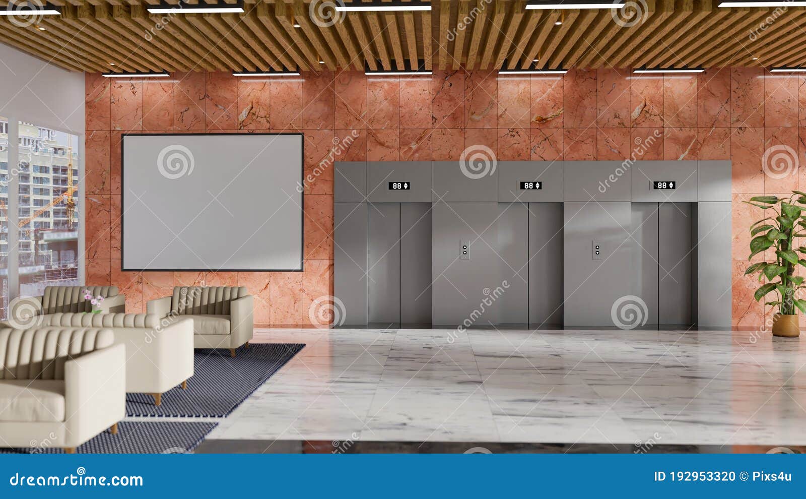 3D Rendering Perspective Lobby at Front Elevator with Large Board Stock ...
