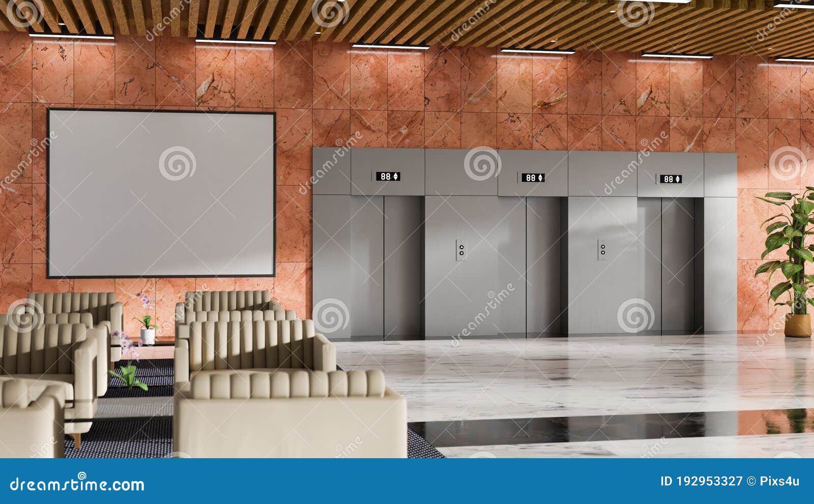 3D Rendering Perspective Lobby at Front Elevator with Large Board Stock ...