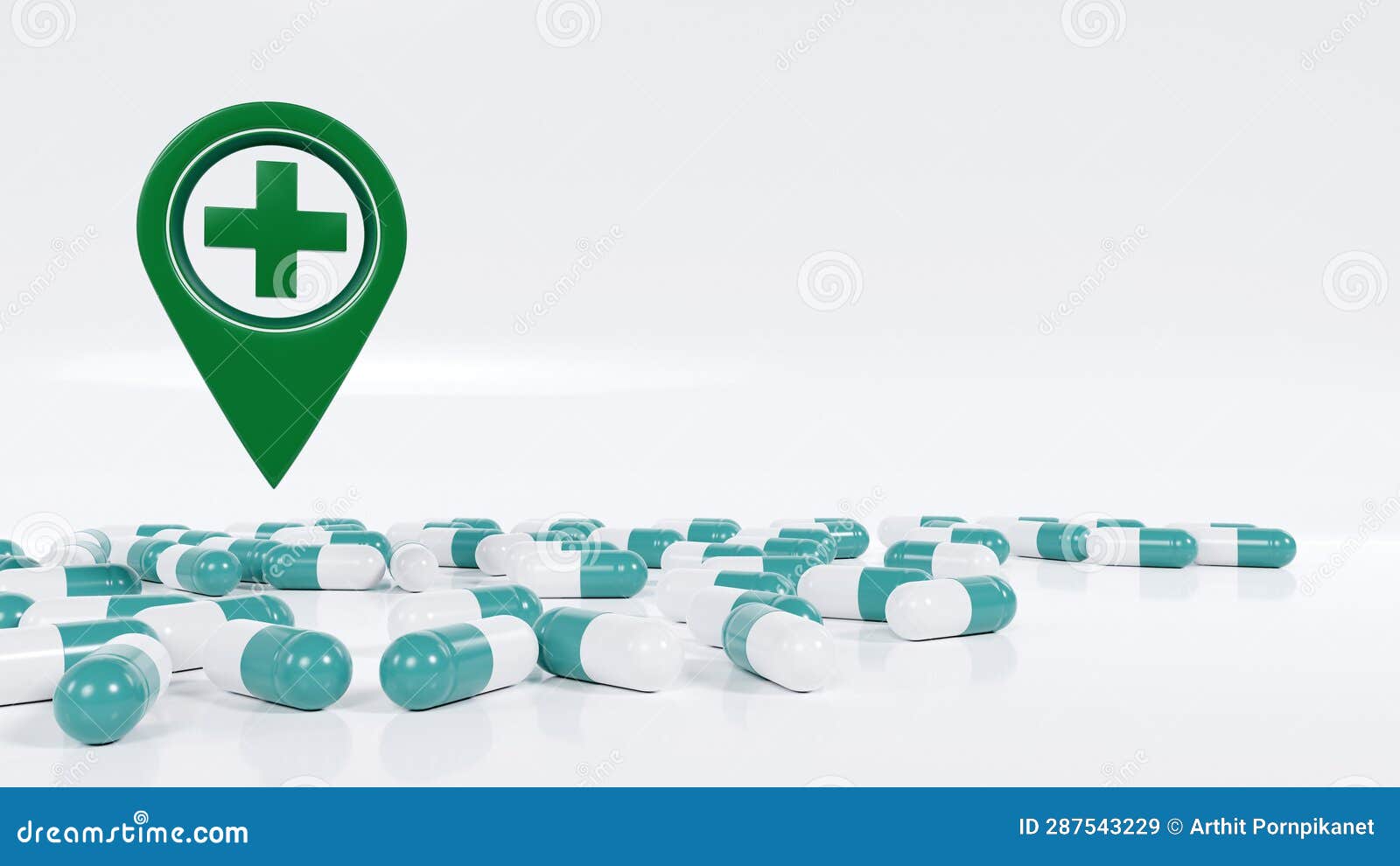 3D Rendering of Pharmacy Location Pin on Pills, Navigation Pin Icon for ...