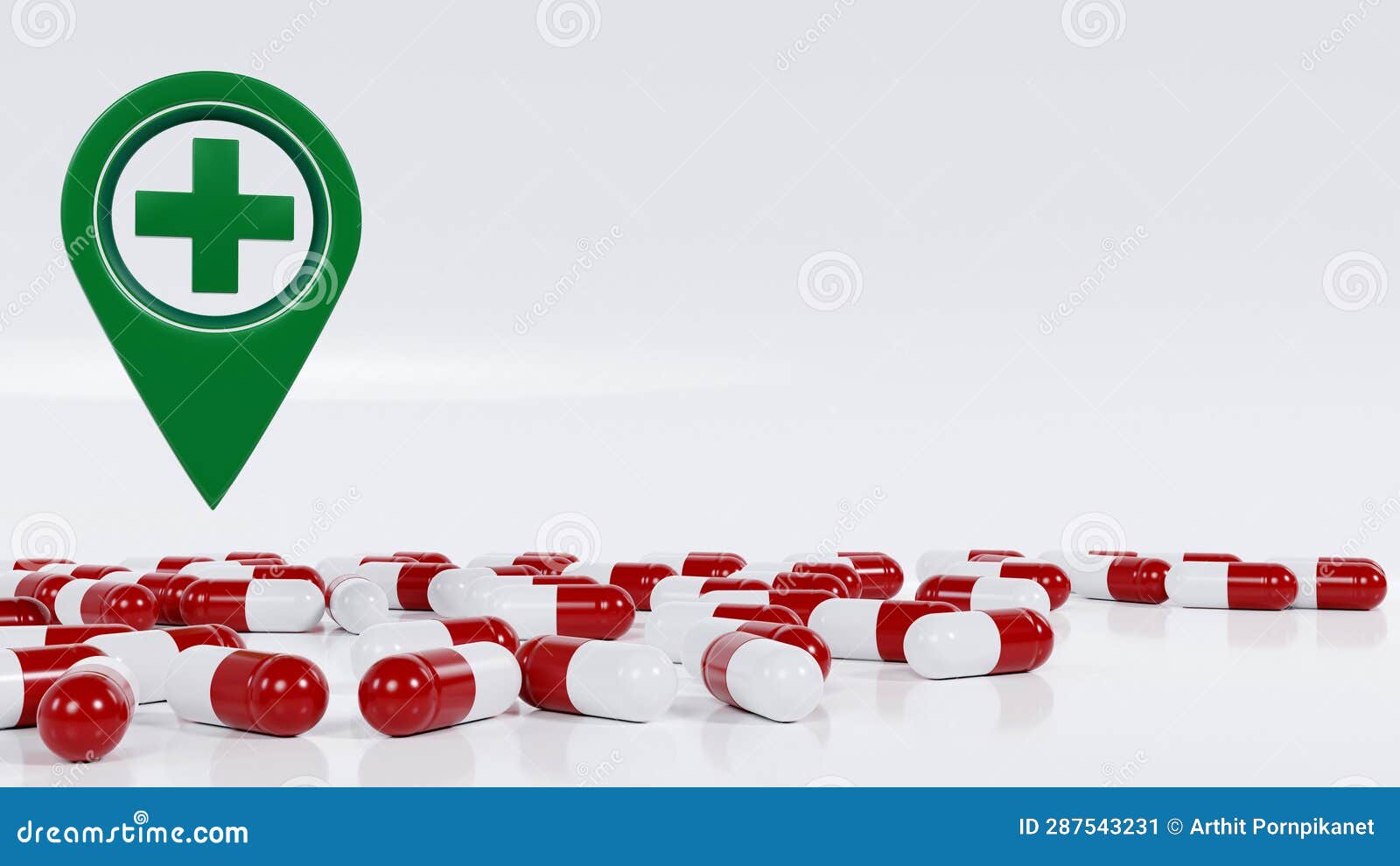 3D Rendering of Pharmacy Location Pin on Pills, Navigation Pin Icon for ...