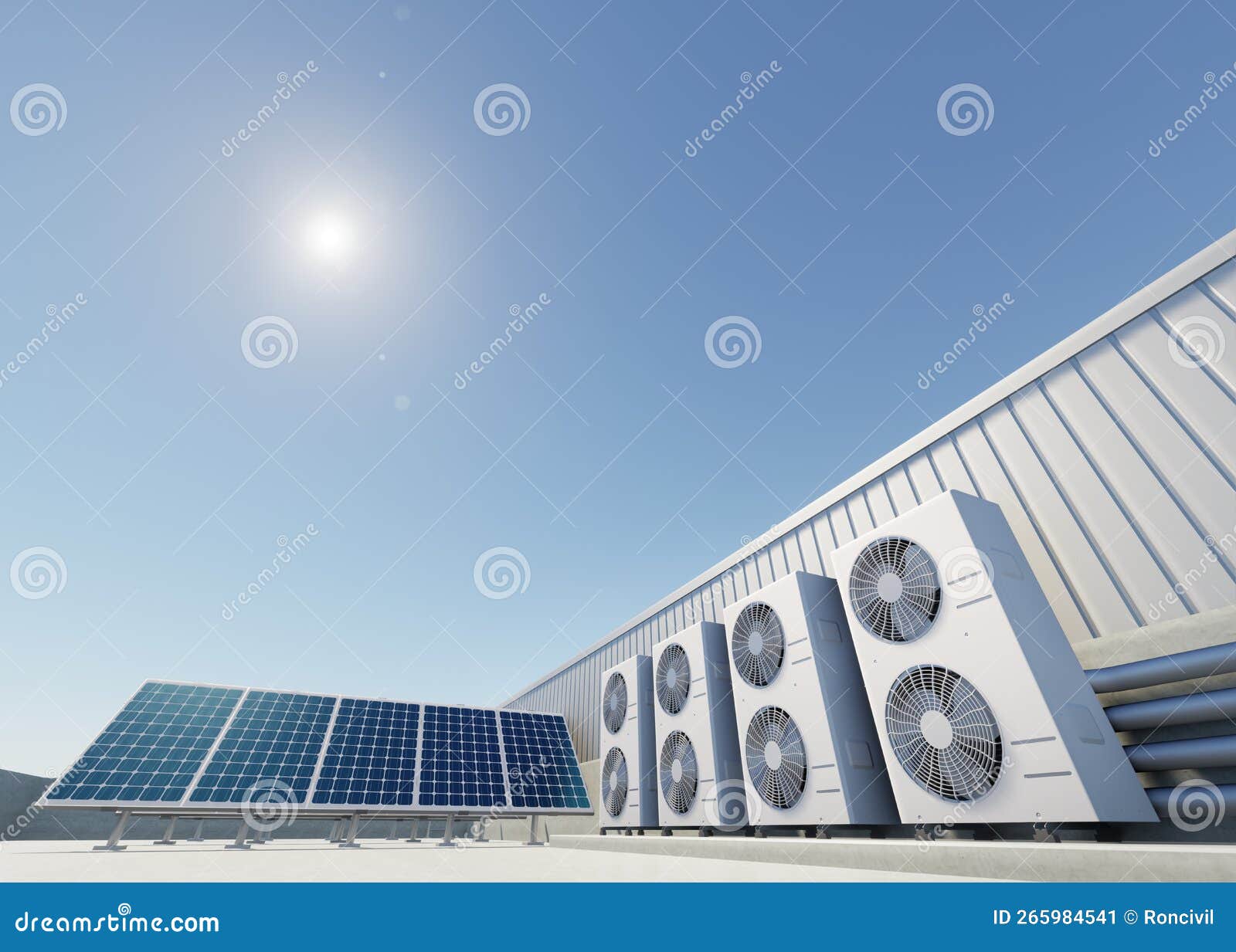 3d Rendering of Condenser Unit and Solar Panel. Stock Illustration ...