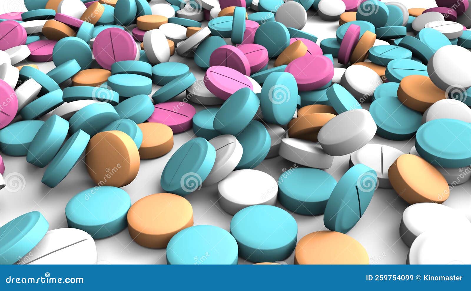 3D Rendering Pile of Pink, Blue, White, Beige Round Pills on White ...