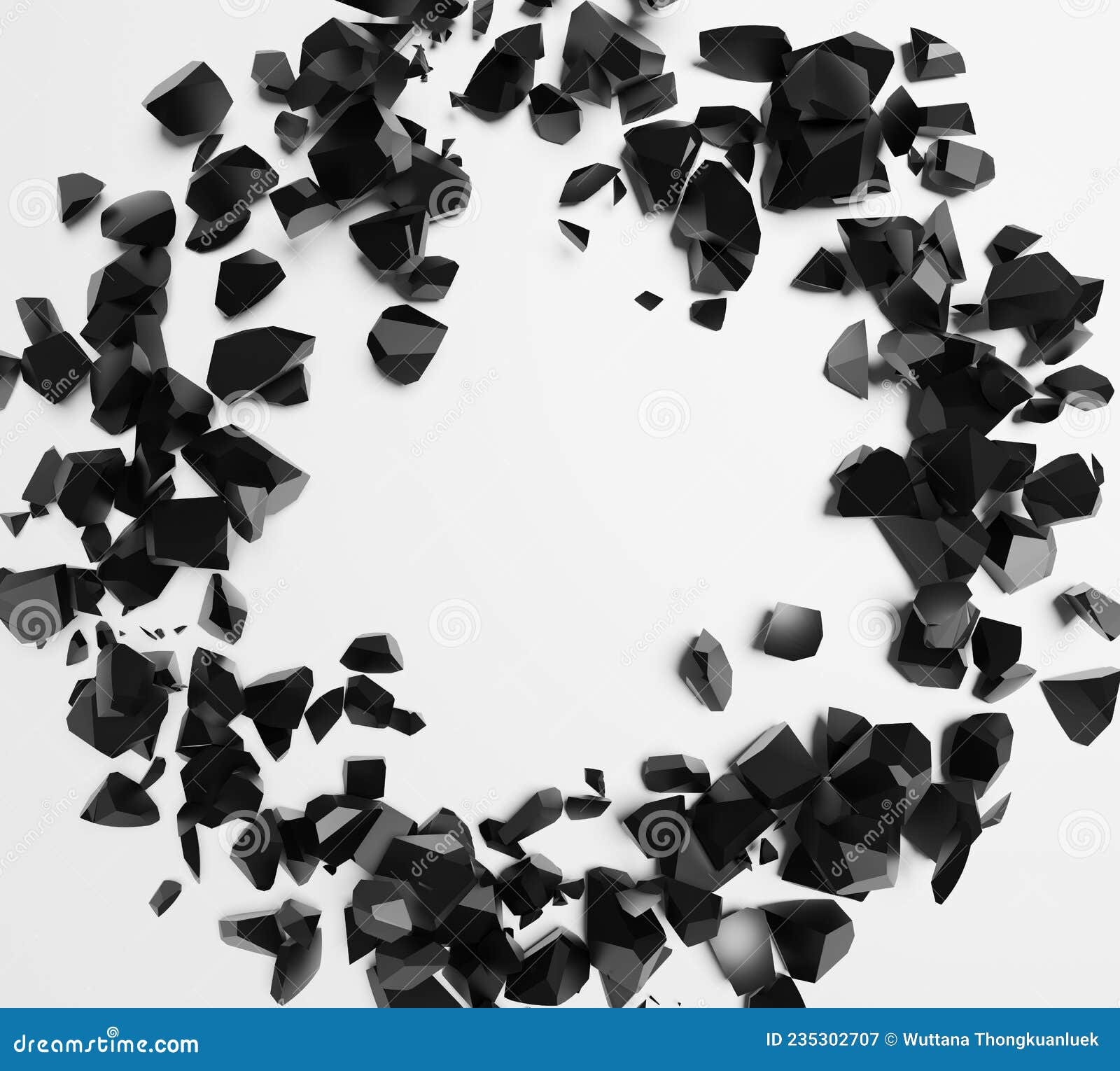 3D Rendering of Piles of Broken Stones Scattered in Circles on a White ...