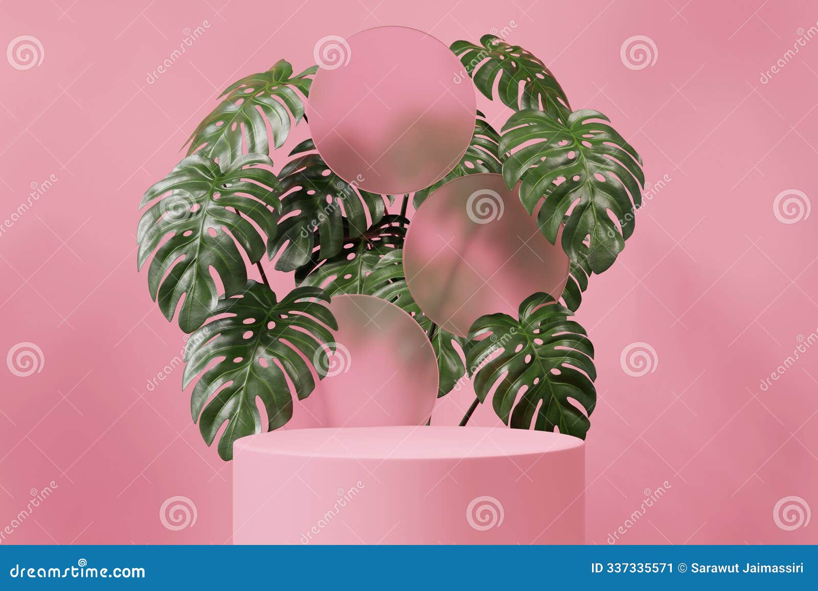 3D Rendering Pink Platform Podium with Monstera Plant Product ...