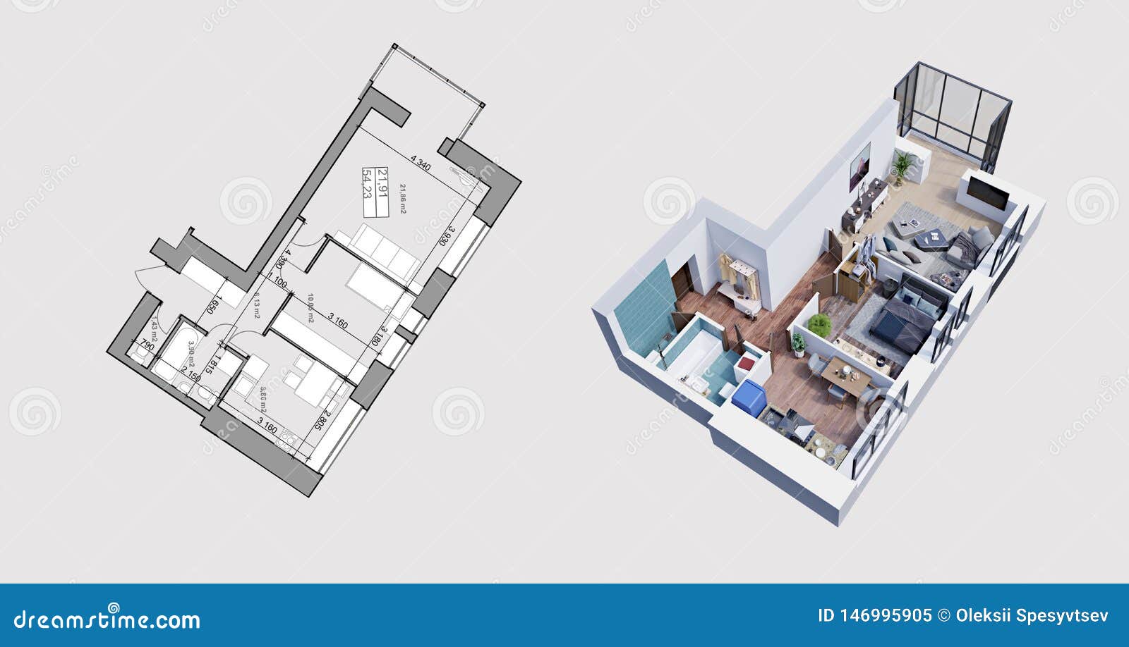 3d Rendering and Plan / Layout of a Modern Apartment Stock Illustration ...