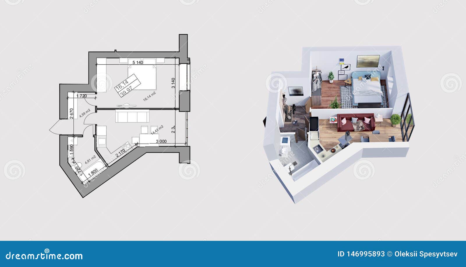 3d Rendering and Plan / Layout of a Modern Apartment Stock Illustration ...