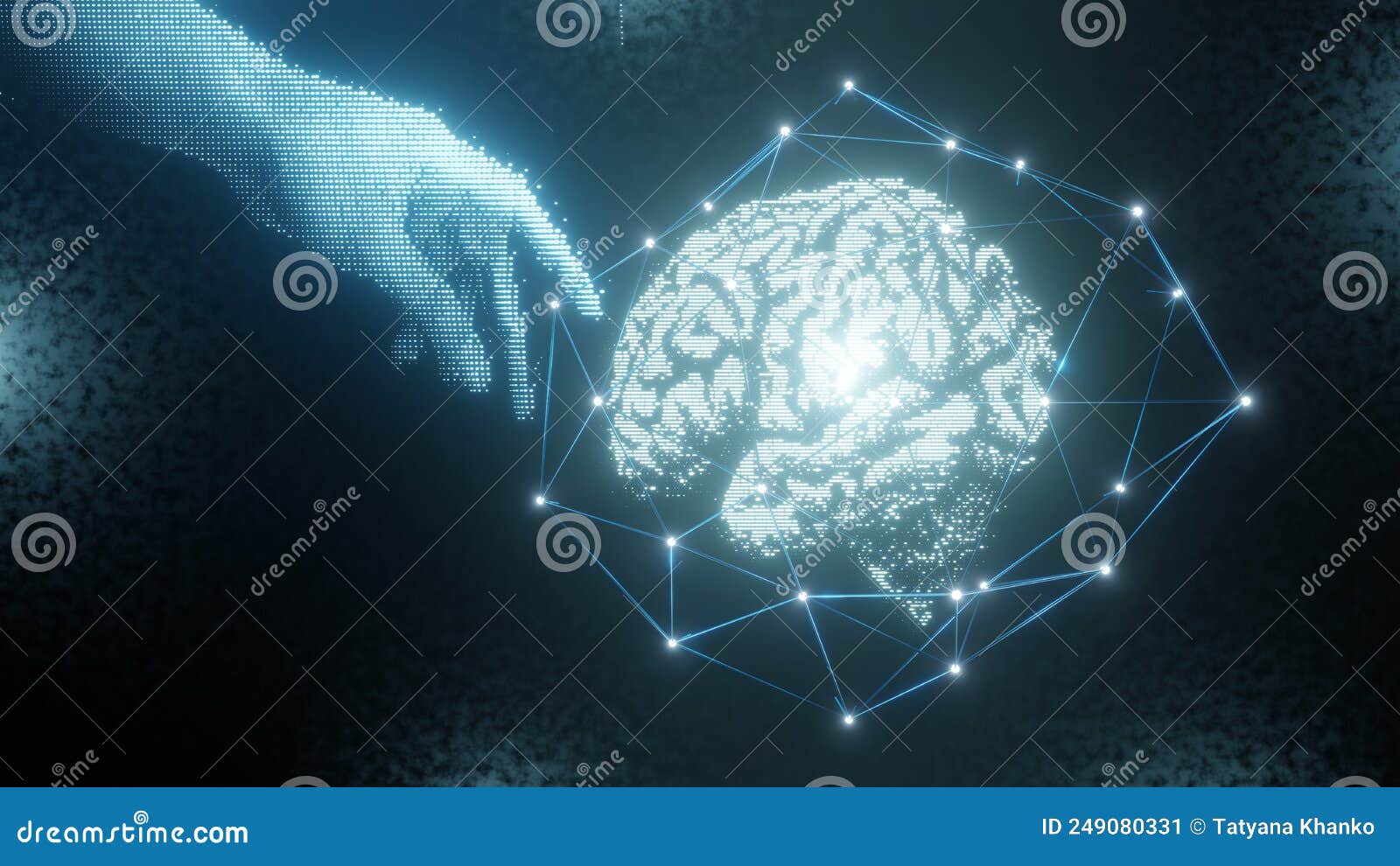 3d Rendering Plexus Structure Evolving Around Human Brain. Human Hand ...