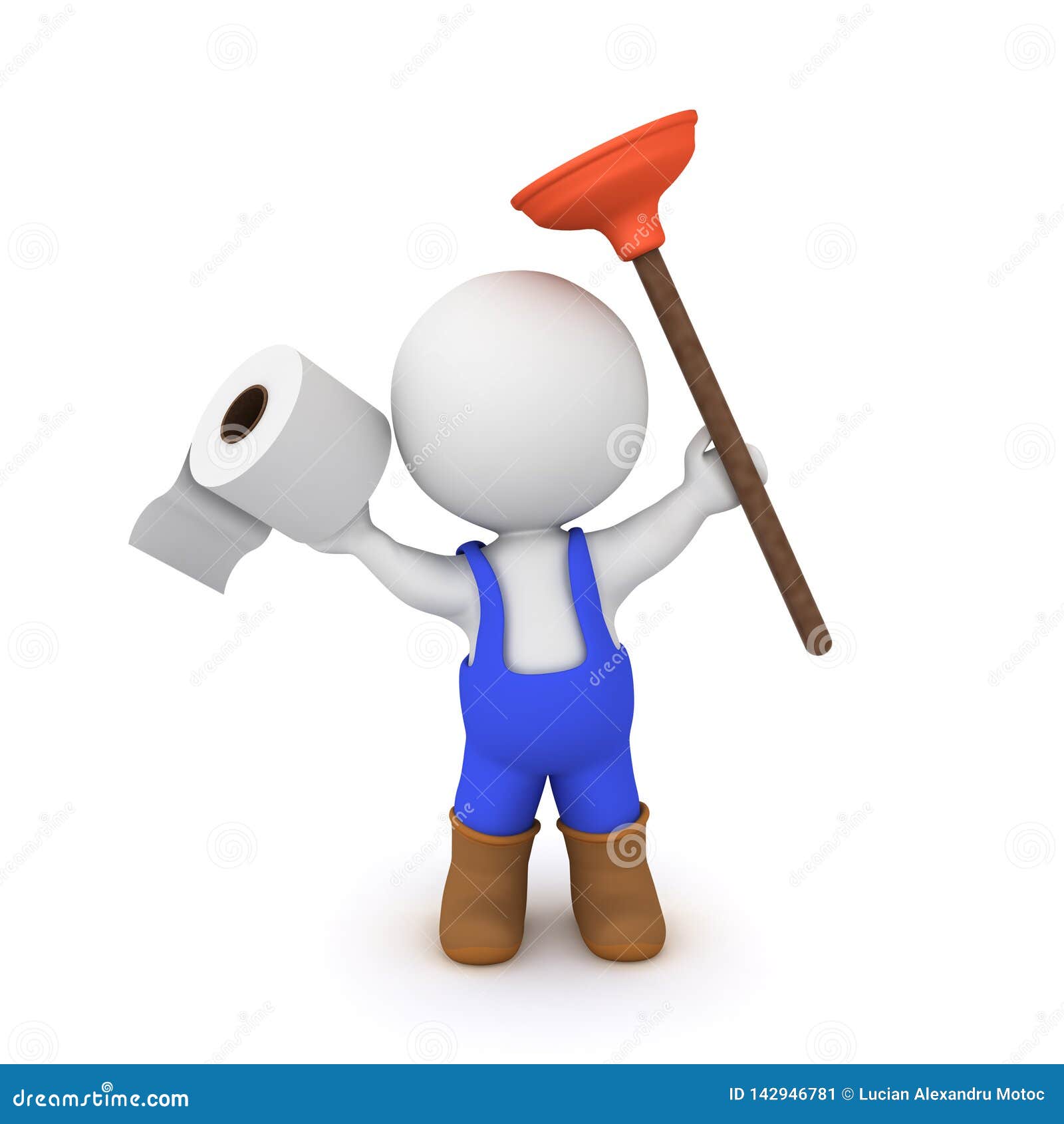 3D Rendering of Plumber with Plunger and Toilet Paper Stock ...