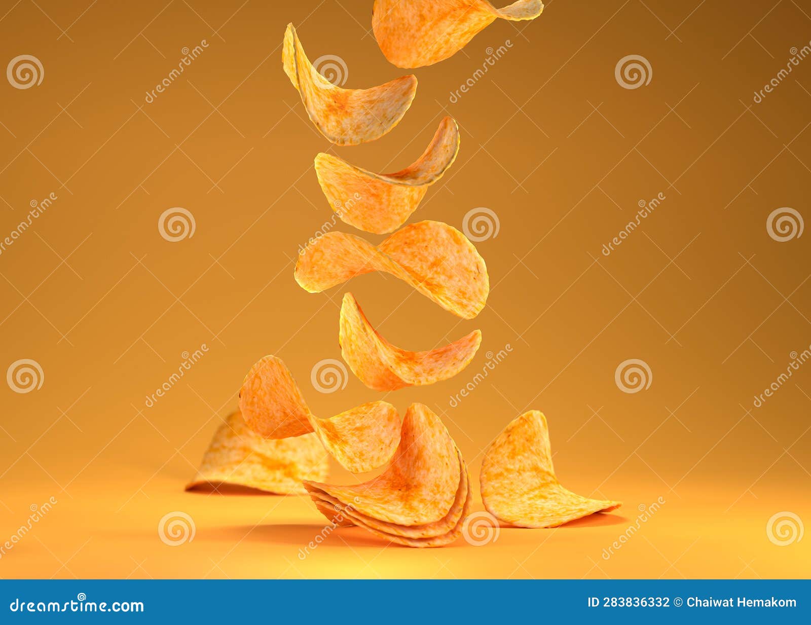 3d Rendering of Potato Chips Falling on Orange Background Stock ...