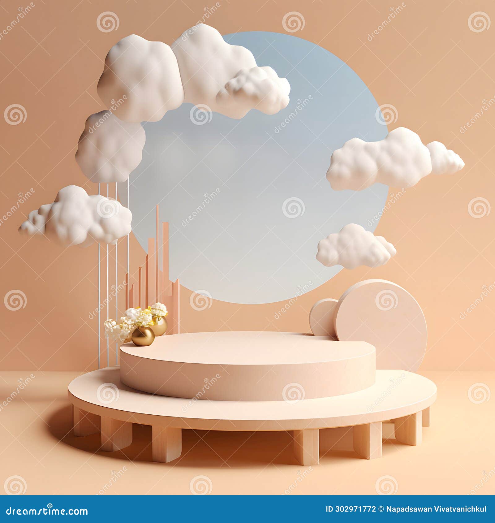 3d Rendering of Product Stage, Cloud, and Empty Circle Board. Stock ...