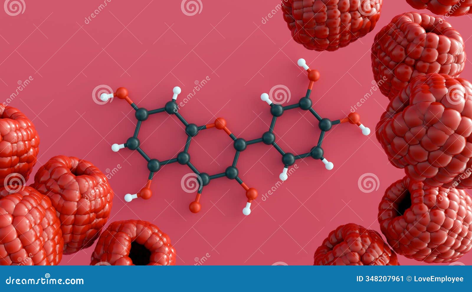 A 3d Rendering of Quercetin Molecule and Raspberries Stock Illustration ...