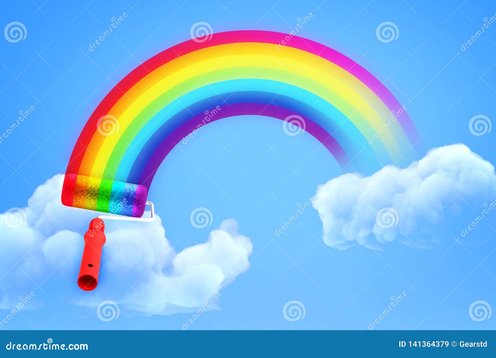 3d Rendering of Rainbow Painted with Paint Roller in Blue Sky with Both ...