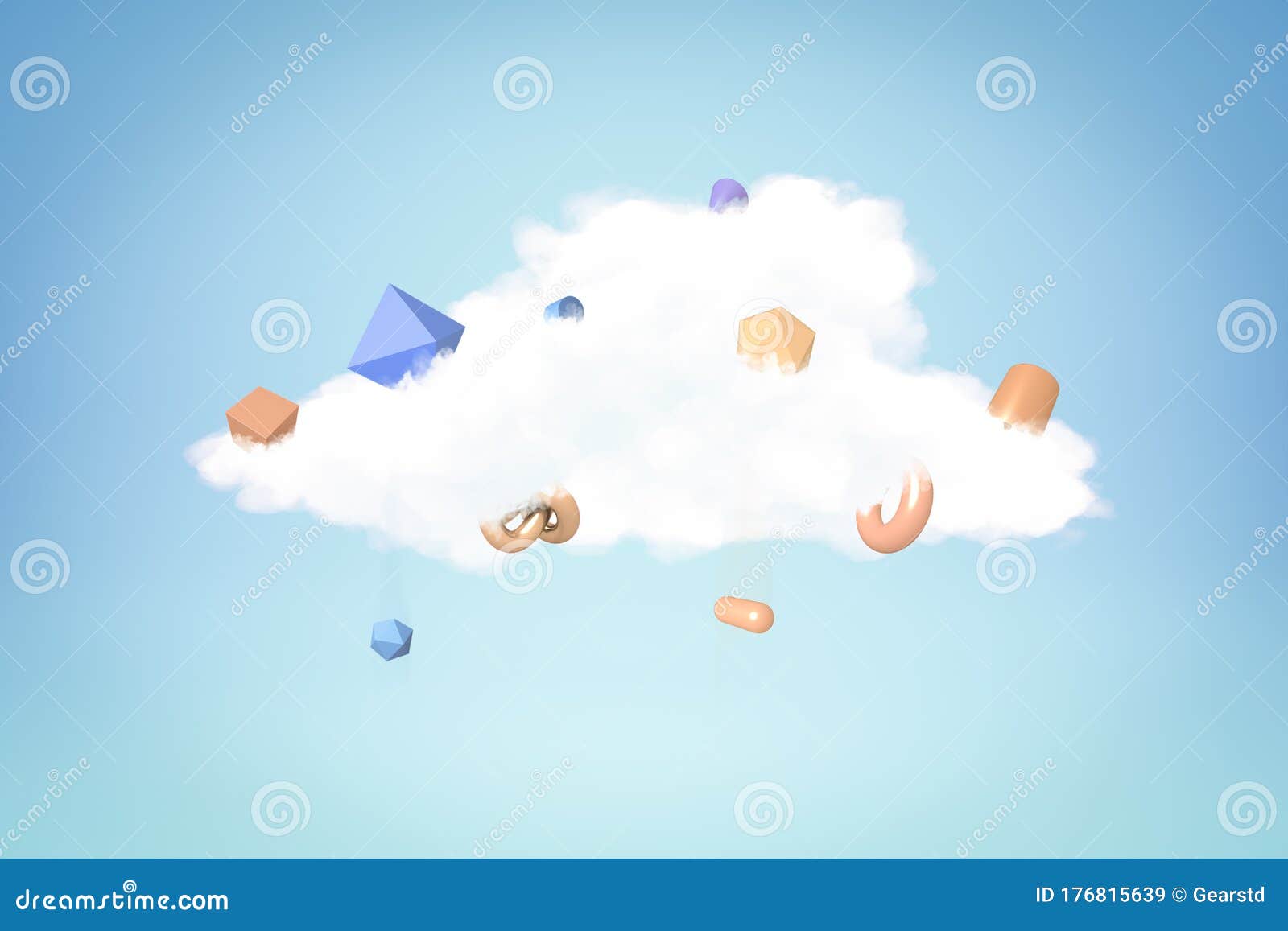 3d Rendering of Random Geometric Objects on White Cloud on Blue ...