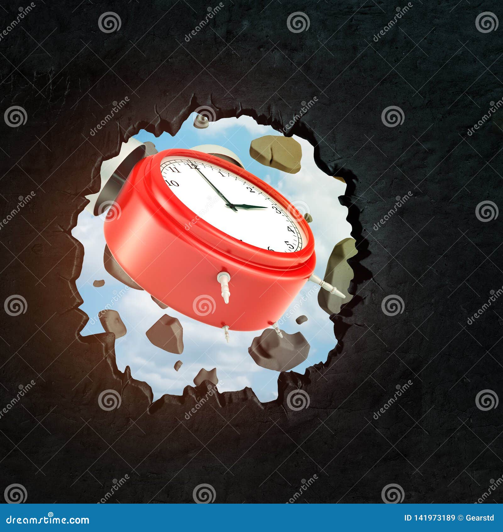 3d Rendering of Red Alarm Clock Breaking Black Wall Stock Illustration ...
