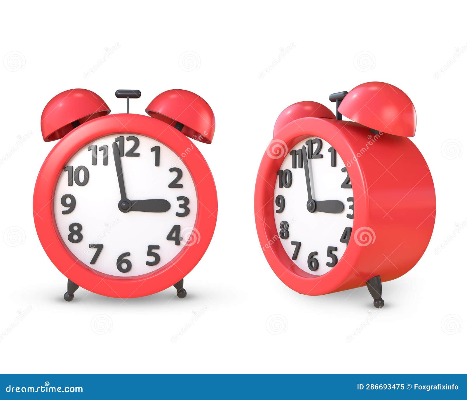 3D Rendering Red Alarm Clock Front And Frontside View Isolated On White ...