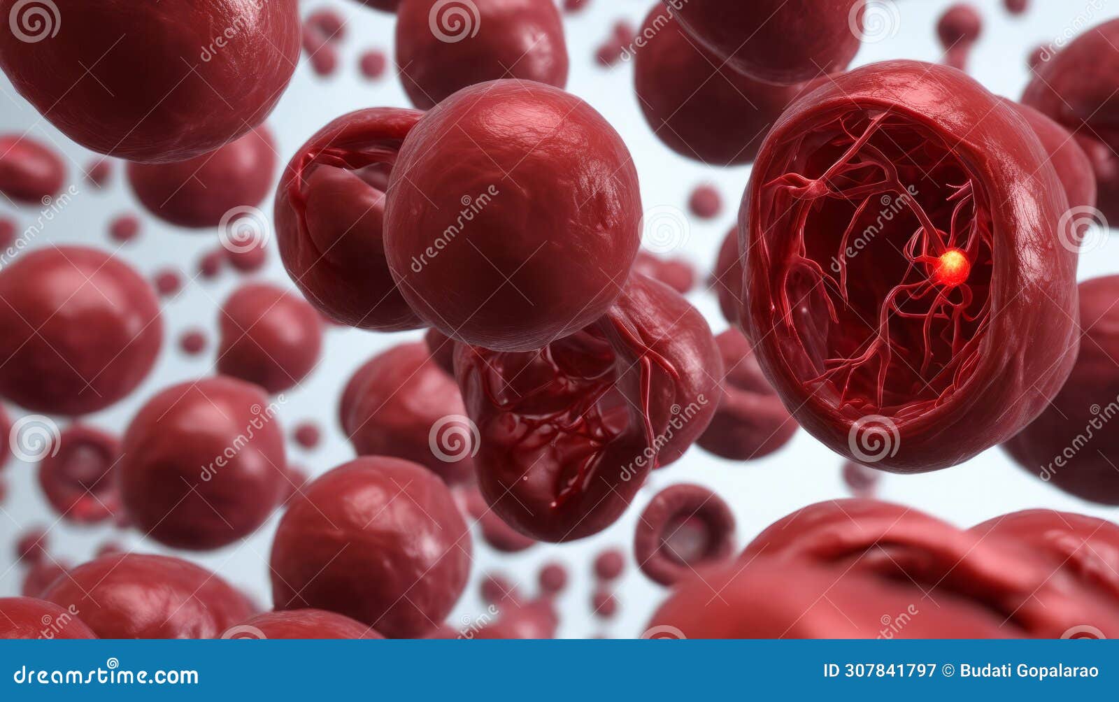 3D Rendering of Red Blood Cells with a Focus on One with a Glowing ...
