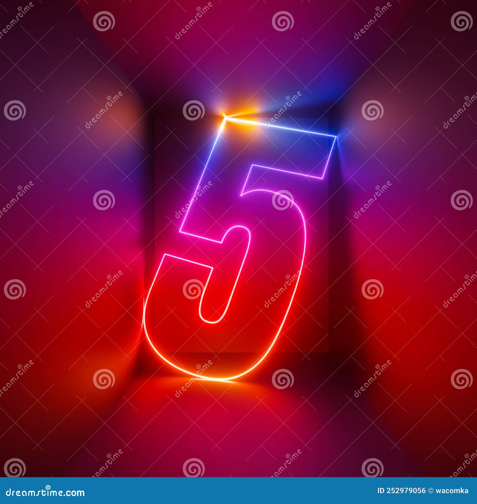 3d Rendering, Red Blue Neon Number Five, Digital Symbol Inside Square ...