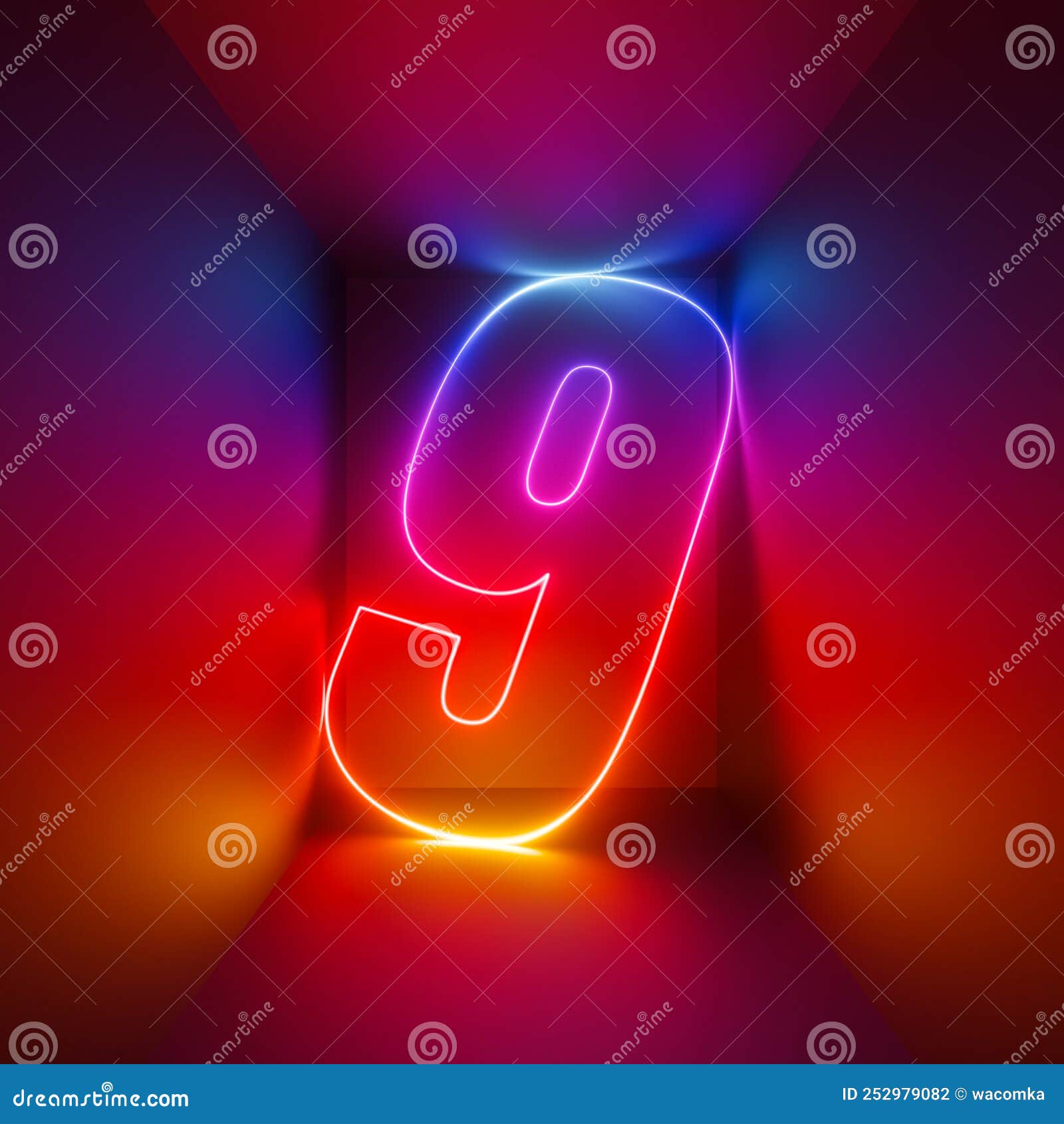 3d Rendering, Red Blue Neon Number Nine, Digital Symbol Inside Square ...