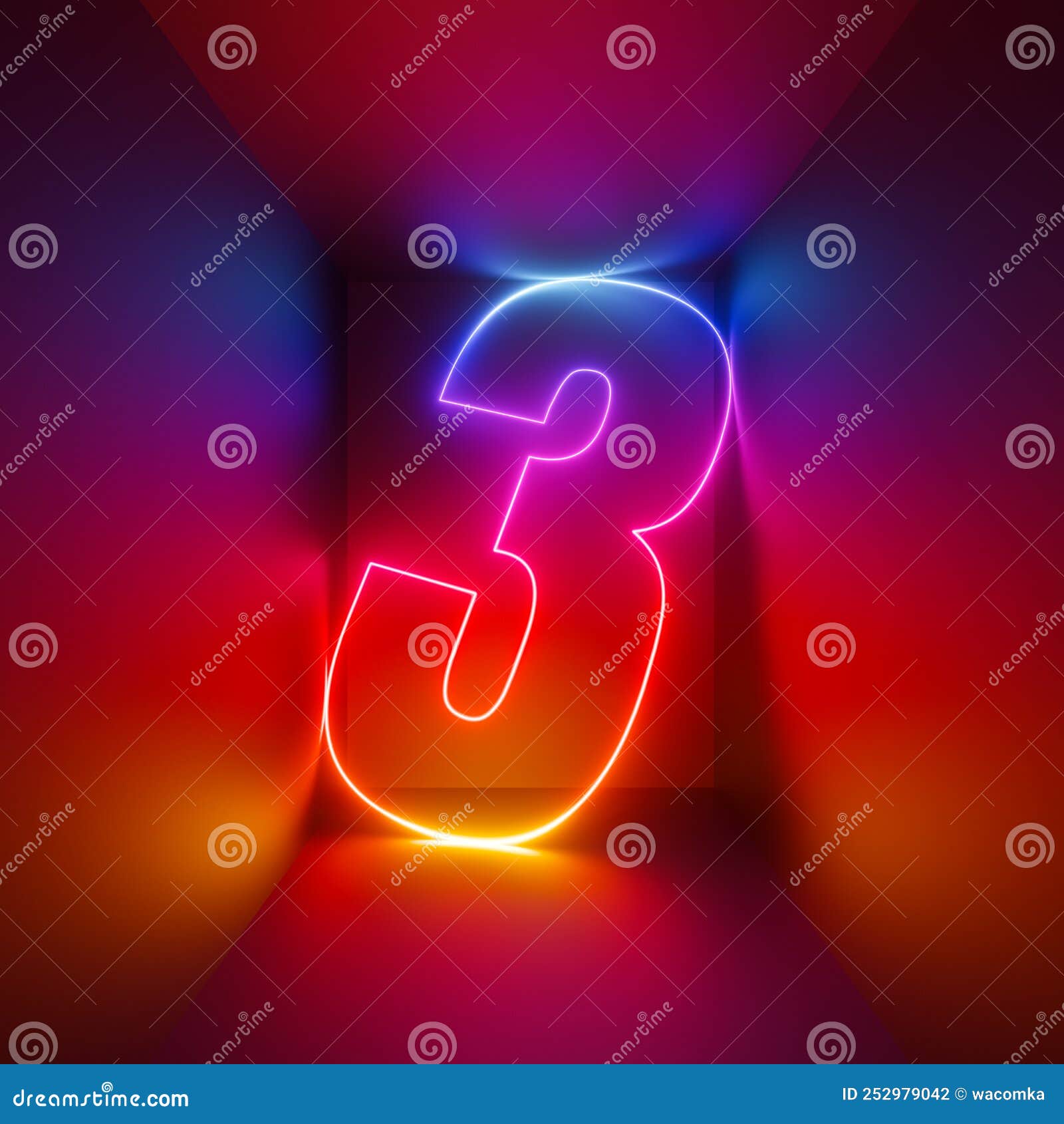 3d Rendering, Red Blue Neon Number Three, Digital Symbol Inside Square ...