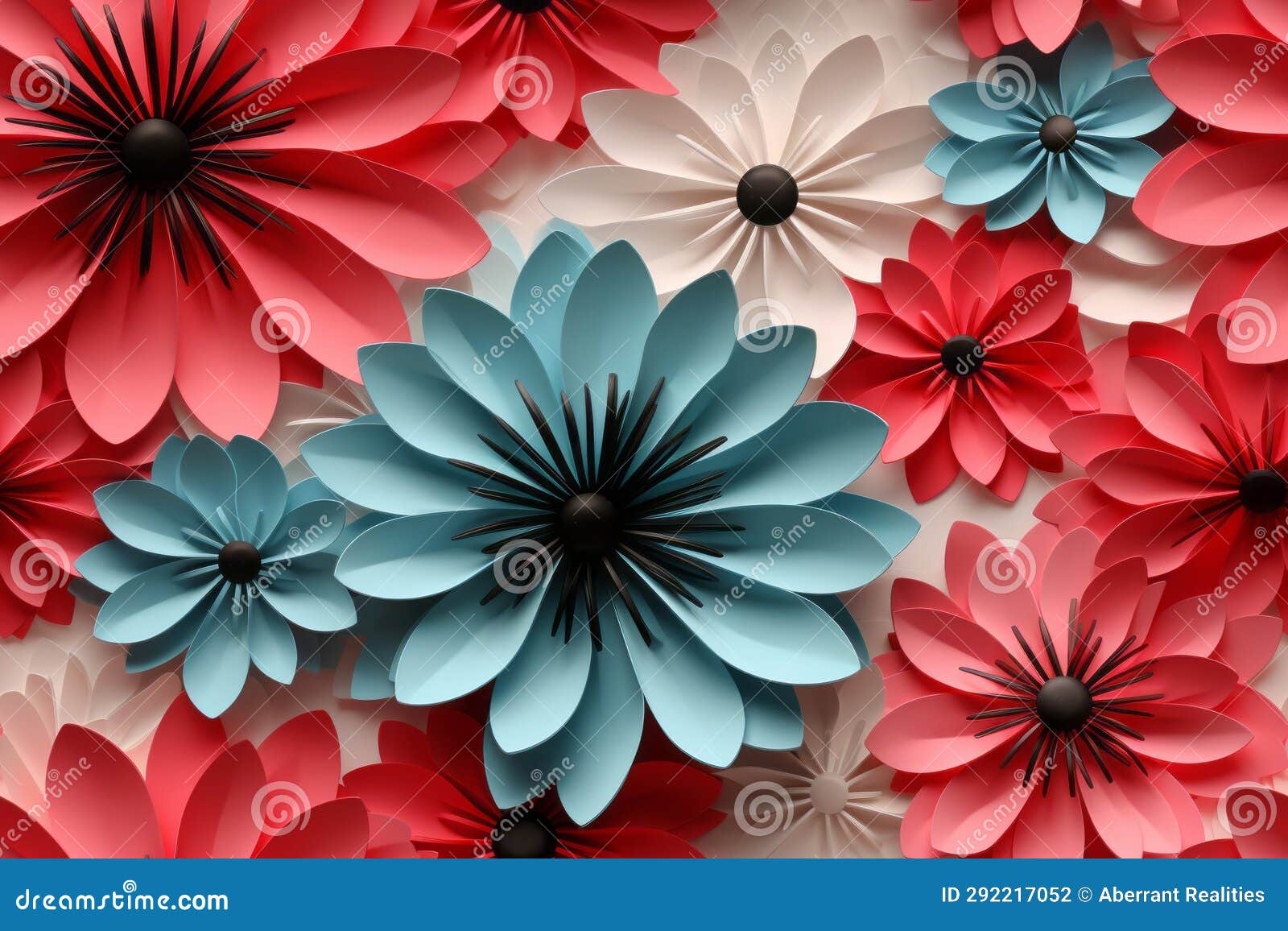 3d Rendering of Red Blue and White Paper Flowers on a White Background ...