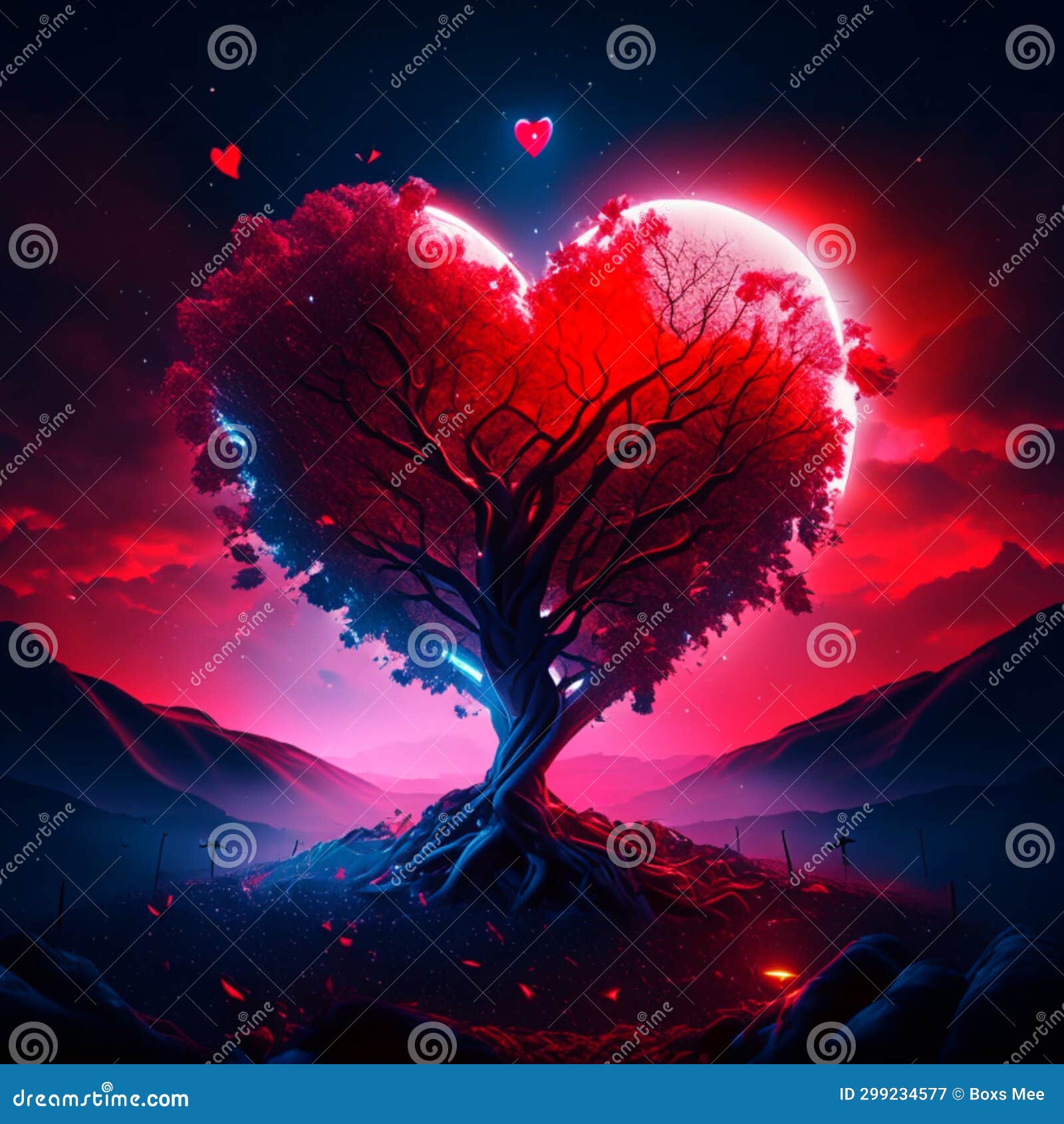 3D Rendering of a Red Heart Tree on a Background of Mountains ...