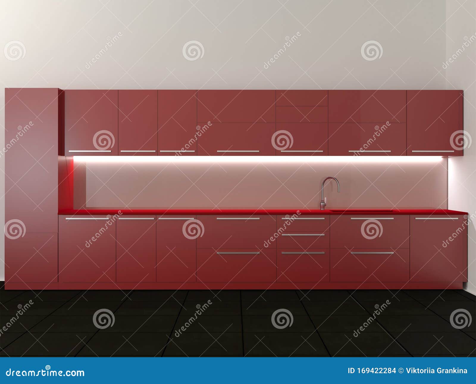 3d Rendering of Red Matte Kitchen Cabinet Design Stock Illustration ...