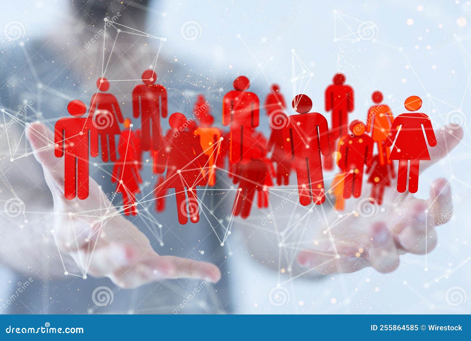 3D Rendering of Red People Figures with Connecting Lines and Dots in a ...